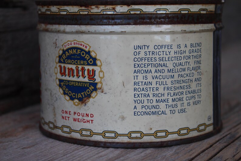 Unity Brand Coffee Tin One Pound Key Wind Can Rare Vintage Advertising ...