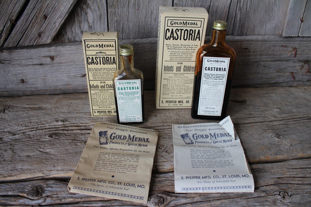 Two Antique Gold Medal Castoria Laxative Drug Store Medicine Bottles ...