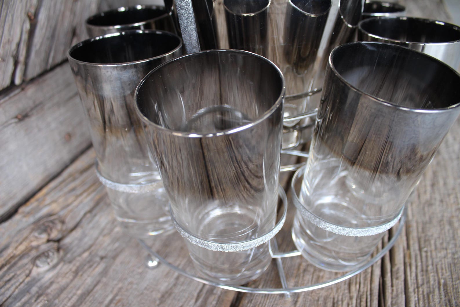 Queen's Lusterware Complete Glass Bar Serving Set Silver Ombre 8 ...