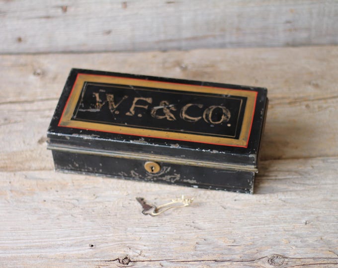 Antique Metal Lock Box Black Hand Painted Business Document Cash Bank ...
