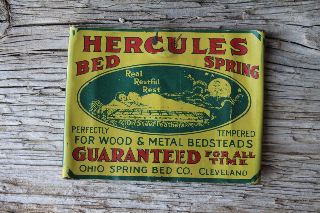 Antique Hercules Bed Springs Lithographed Tin Mattress Tag Sign Ohio ...