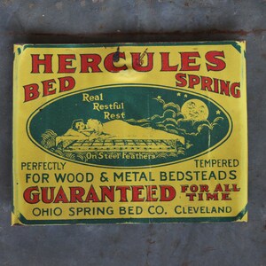 Antique Hercules Bed Springs Lithographed Tin Mattress Tag Sign Ohio ...