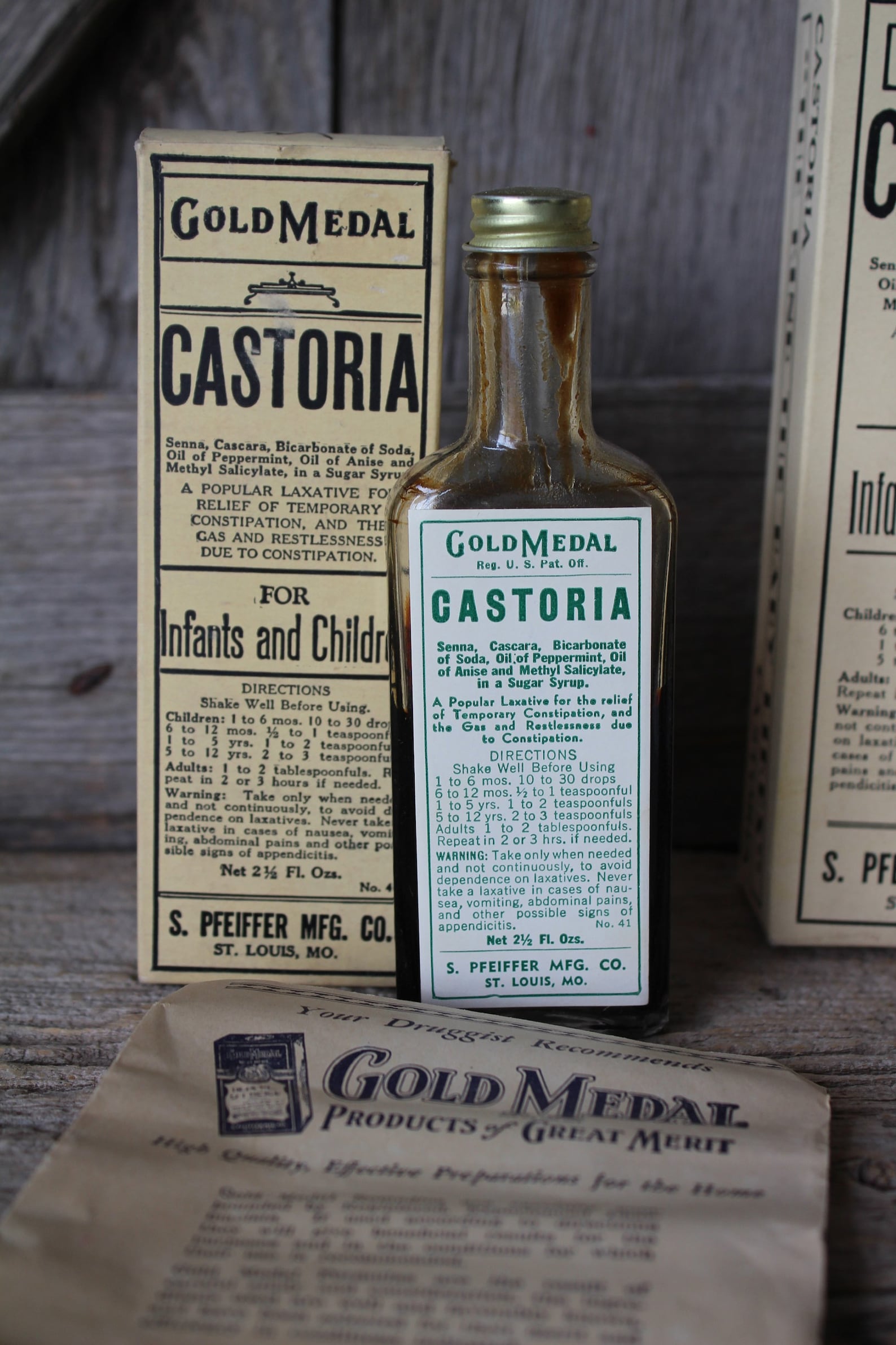 Two Antique Gold Medal Castoria Laxative Drug Store Medicine Bottles ...