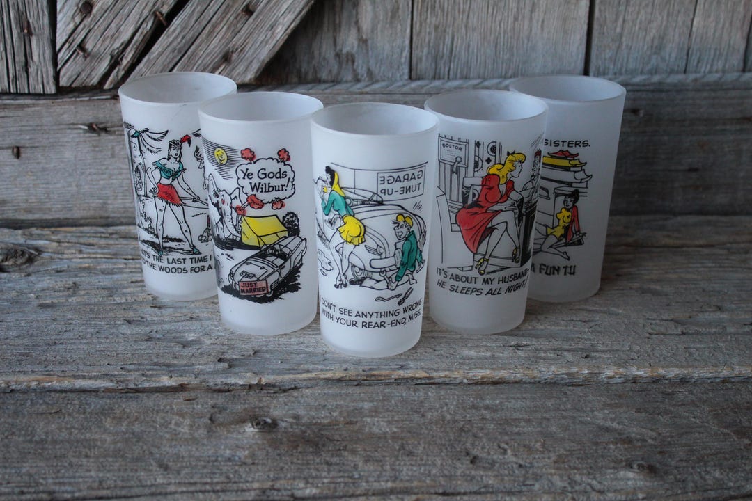 Risque Comic Drinking Glasses 1950's Frosted Highball Barware Lot of 5 ...