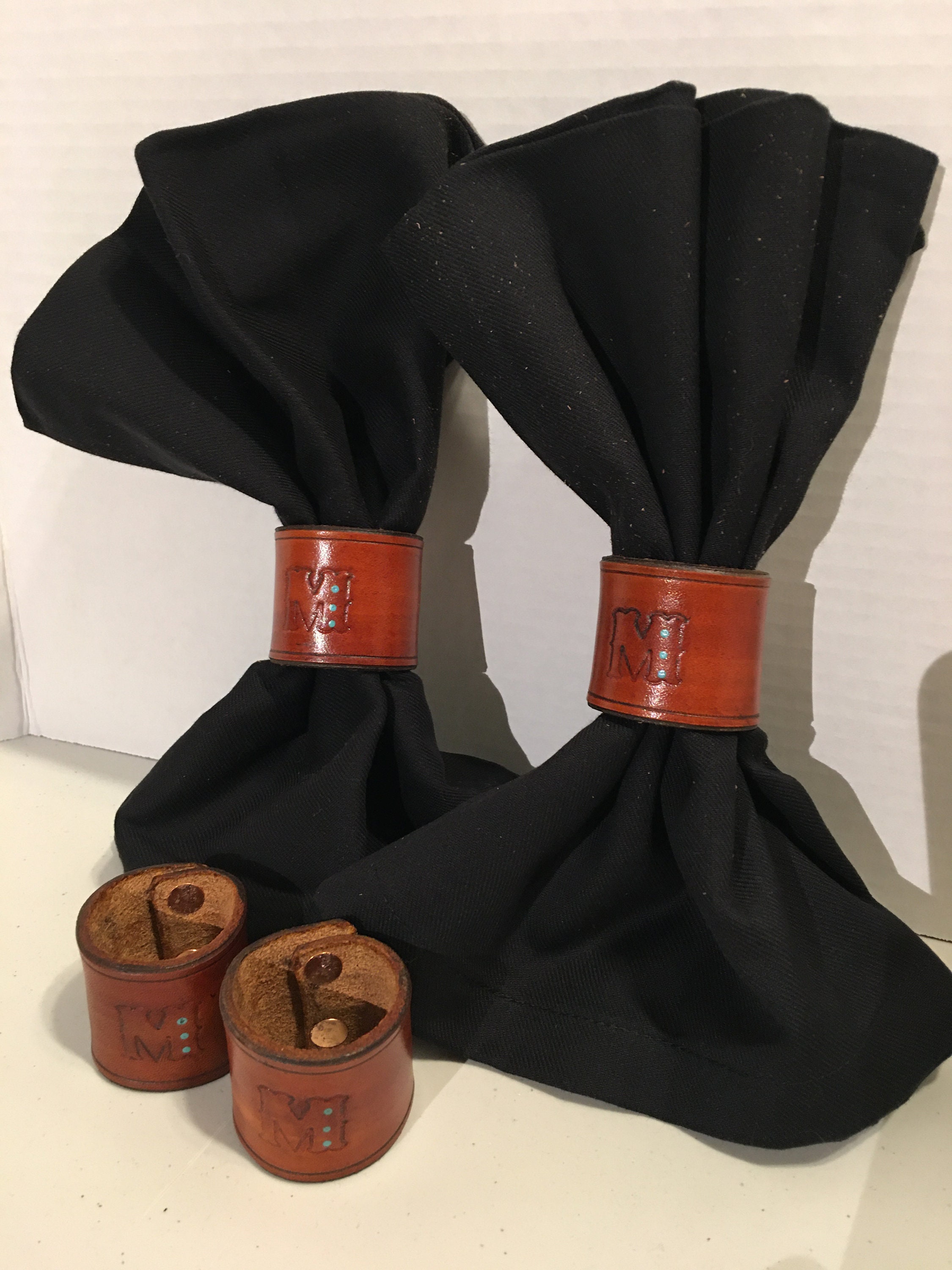 Handmade Leather Napkin Rings With Initial With Turquoise Accent Set of ...
