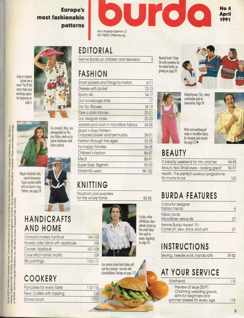 April 1991 Vintage Burda Sewing Pattern Magazine English | Etsy