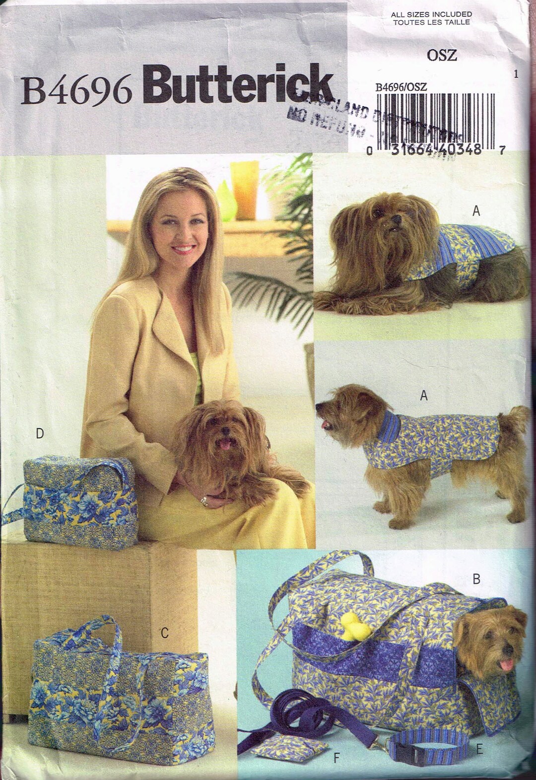 Small Dog Carrier Bag & Dog Coat Craft Sewing Pattern Butterick B4696 ...