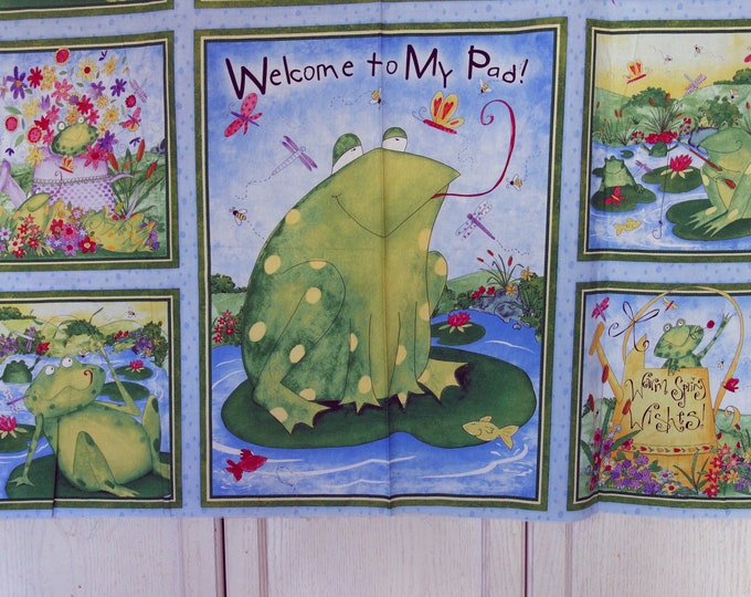 Cartoon Frog Cotton Quilt Panel Fabric Frog on a Lily Pad Welcome to My ...