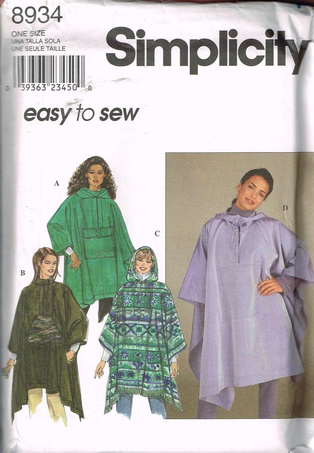 Size XS-L Misses Easy Poncho With Hood & Kangaroo Pocket Sewing Pattern ...