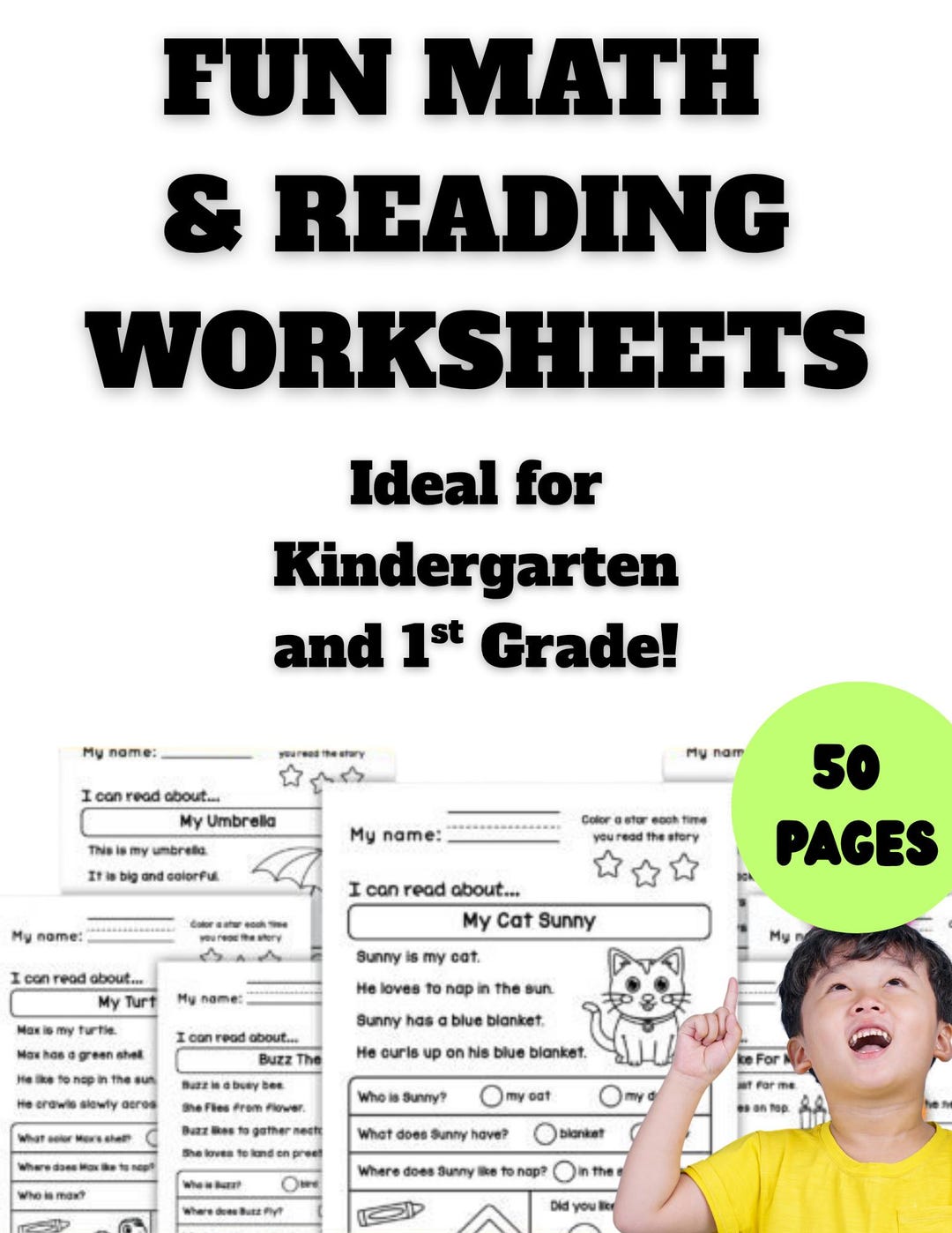 Kindergarten Reading & Math Worksheets Bundle | 50 Pages Printable ...