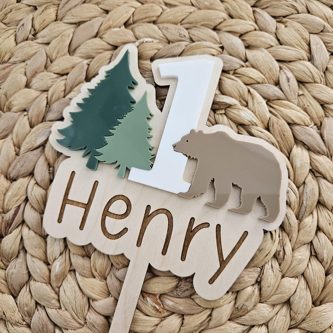 Personalized Brown Bear Cake Topper | Bear and Pine Trees Cake Topper ...