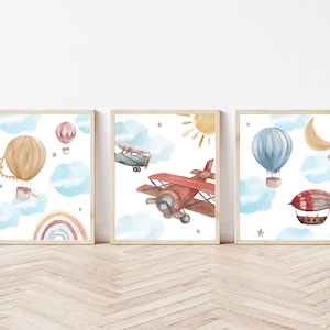 Vintage Travel Print Set | Hot Air Balloon, Plane and Blimp Prints ...