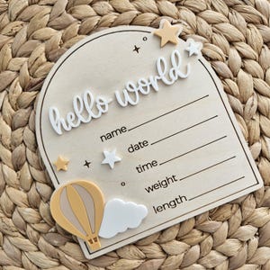 Hot Air Balloon Hello World Birth Announcement Sign | Newborn Baby Name ...