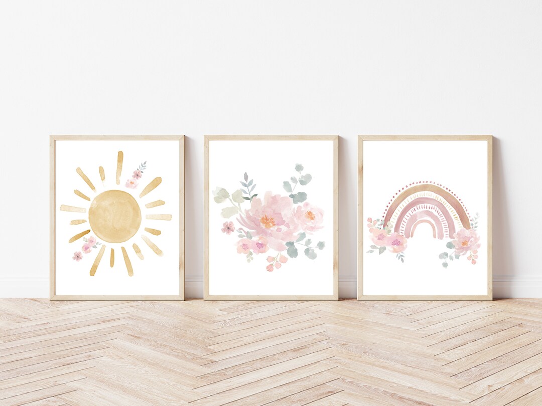Boho Peach and Pink Rainbow, Sunshine and Flower Nursery Print Set ...