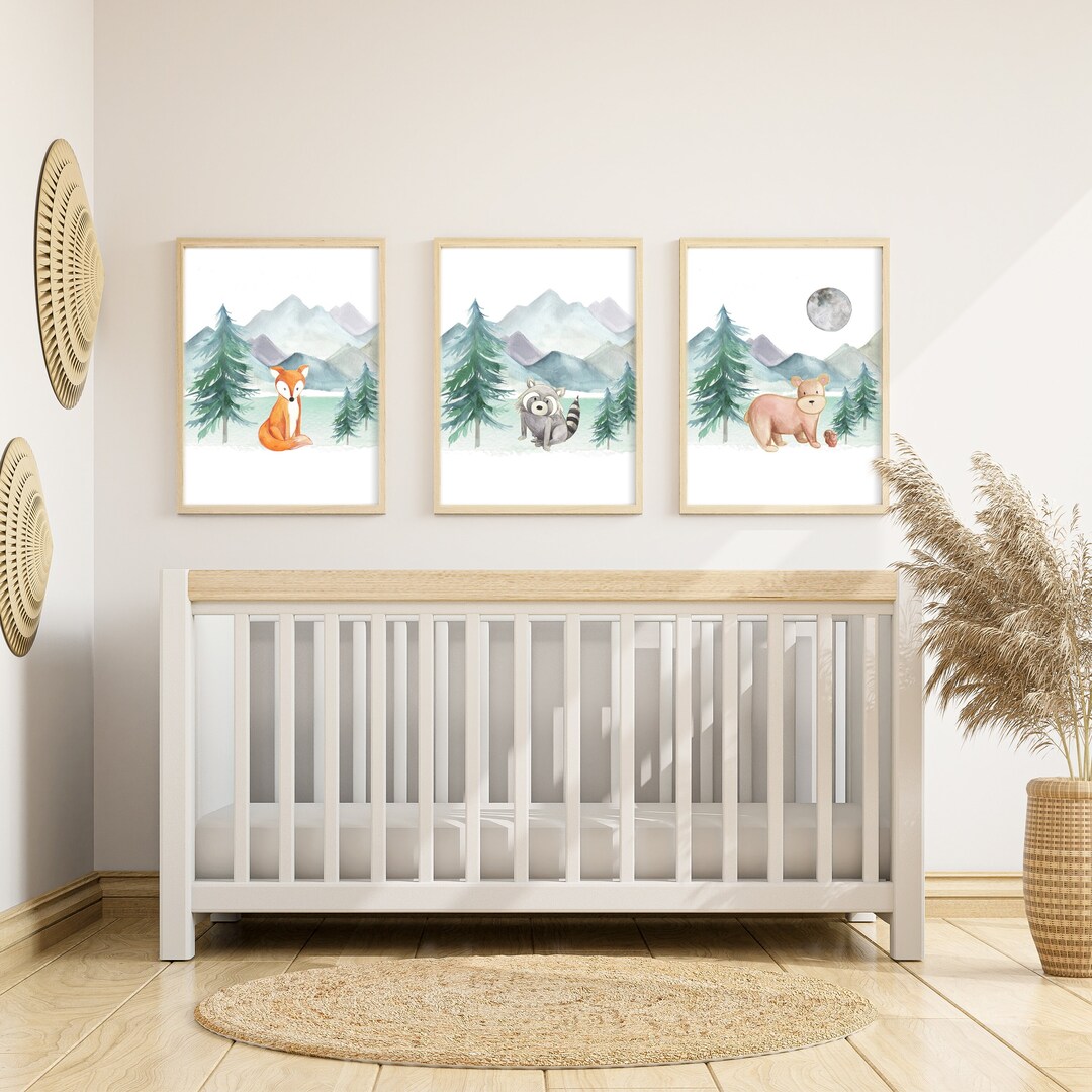 Mountains, Trees and Forest Animals Print Set | Forest Themed Wall Art ...