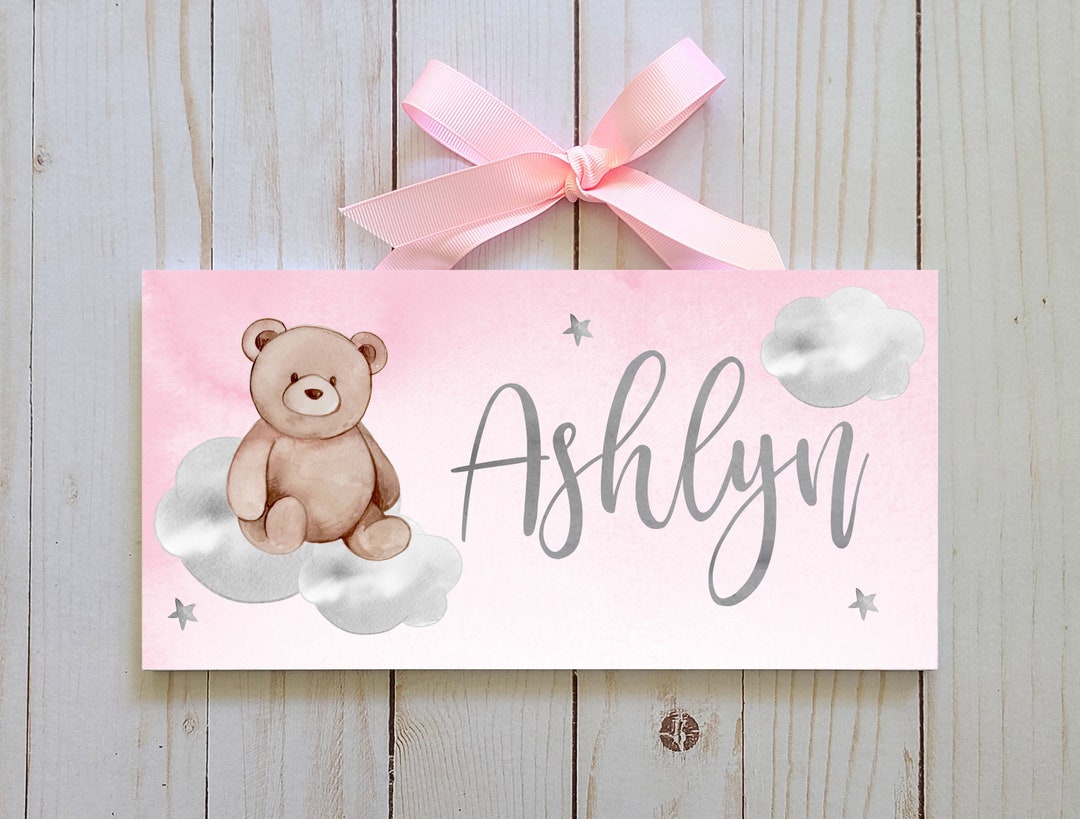 Pink Teddy Bear Name Sign | Personalized Nursery Door Sign - Etsy