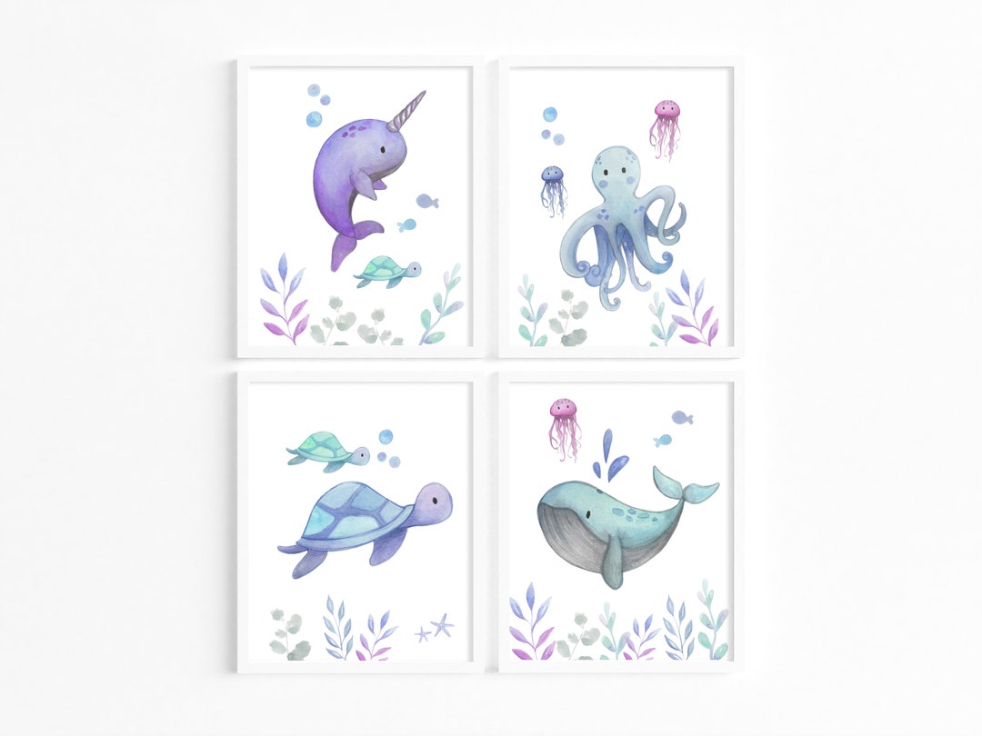 Cute Watercolour Sea Creatures/ Ocean Animals Print Set/ Set of Four - Etsy