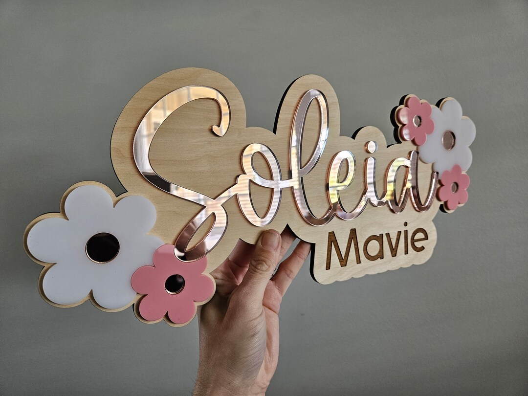 Rose Gold Name Sign Floral Nursery Name Sign Wood and Acrylic Child's ...