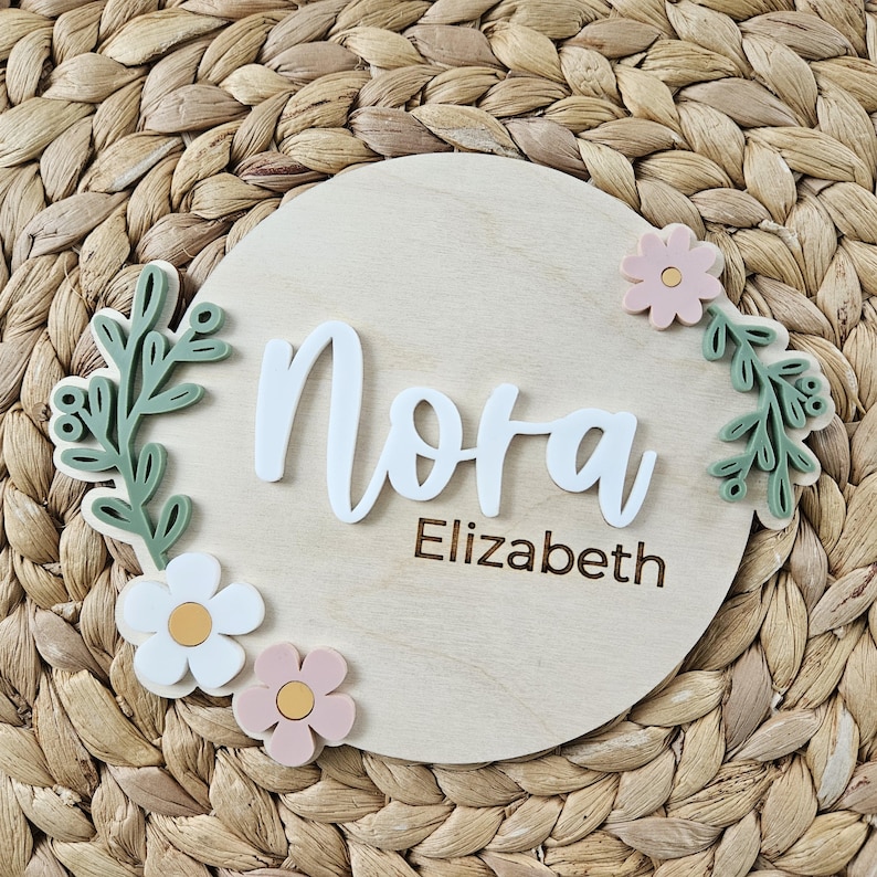 Newborn Baby Name Sign | Wildflower Birth Announcement Name Plaque ...