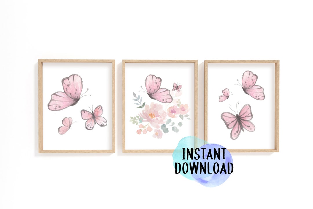 Printable Butterfly Artwork/ Soft Pink Butterfly Print Set/ Watercolour ...