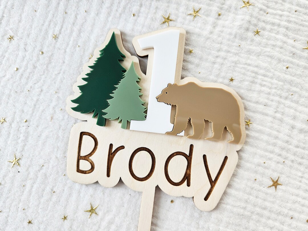 Personalized Brown Bear Cake Topper Bear and Pine Trees Cake Topper ...