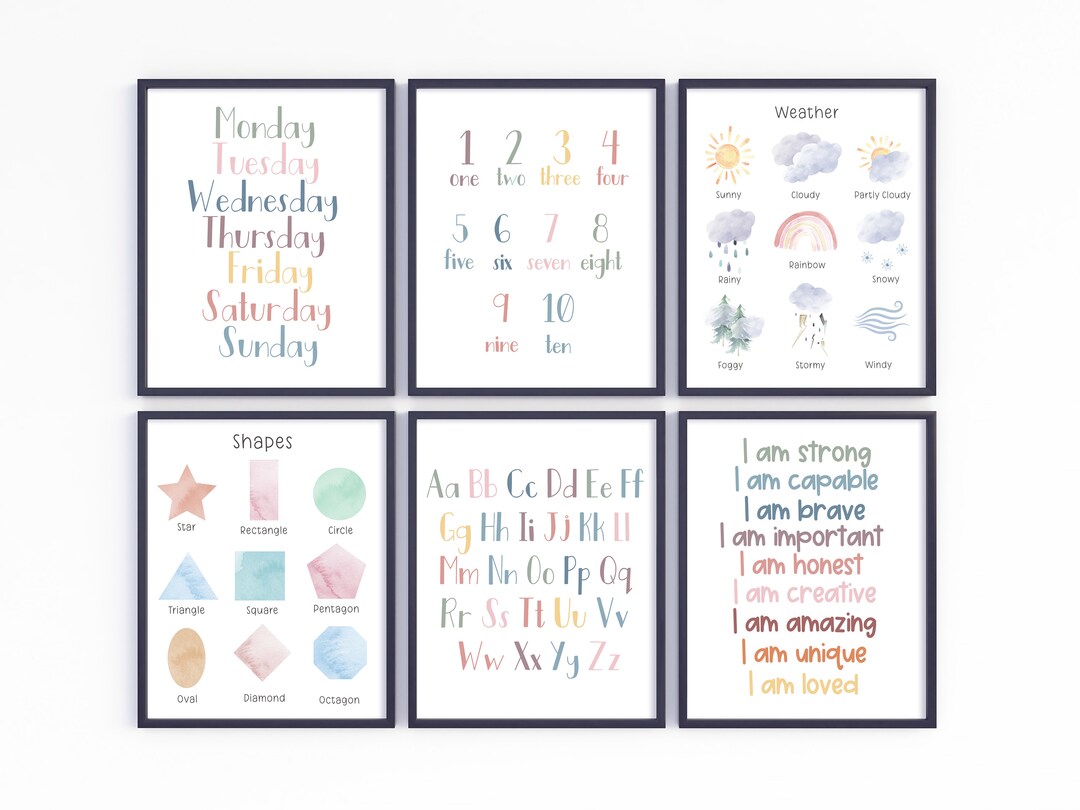 Set of Six Classroom and Playroom Prints | Numbers, Alphabet, Weather ...