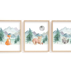 Mountains, Trees and Forest Animals Print Set | Forest Themed Wall Art ...