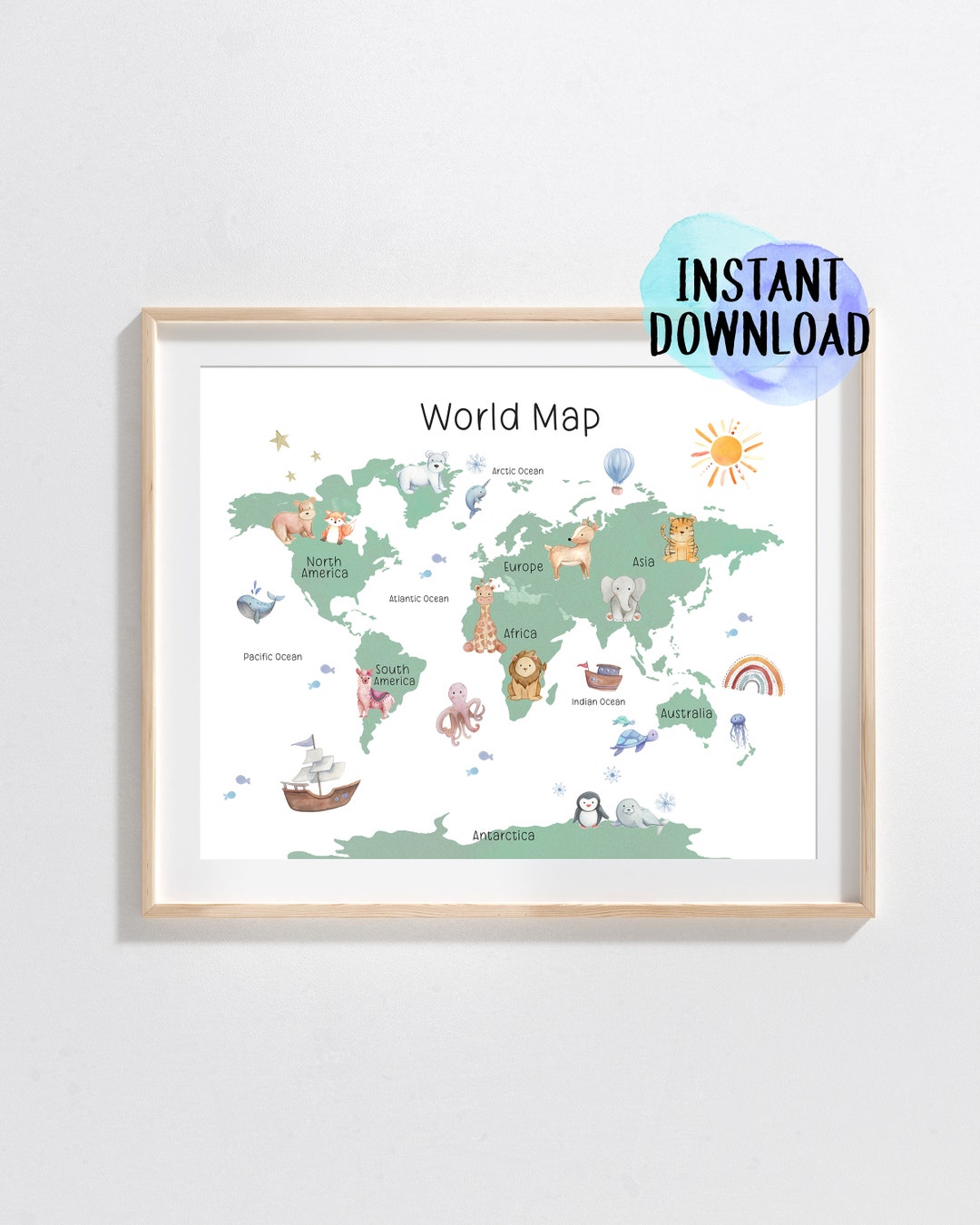 Animal World Map Print | Printable Map of the World | Children's ...