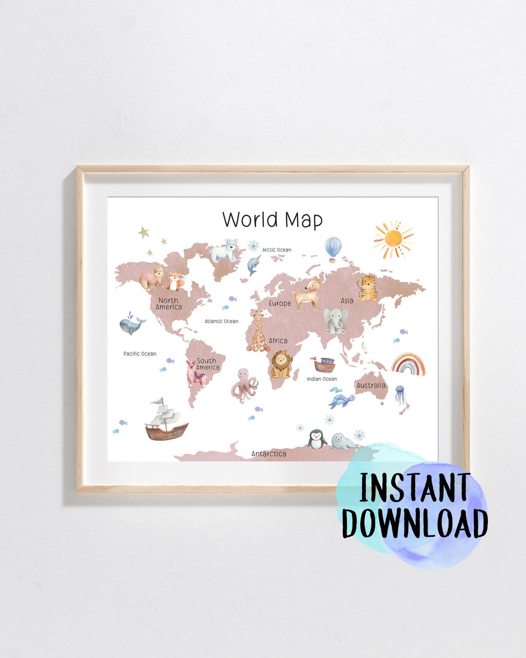 Animal World Map Print | Printable Map of the World | Children's ...