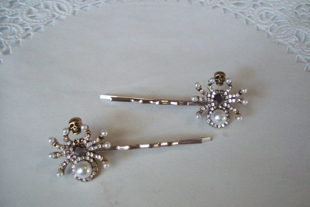 Spider Hair Pin - Repurposed Jewelry - Jeweled Hair Pin - Skull Hair ...
