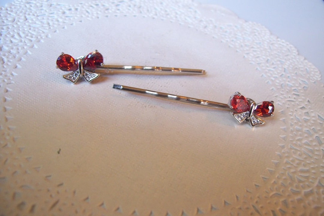 Rhinestone Hair Pin - Ribbon Hair Pin - Red Hair Pin - Bow Hair Pin ...