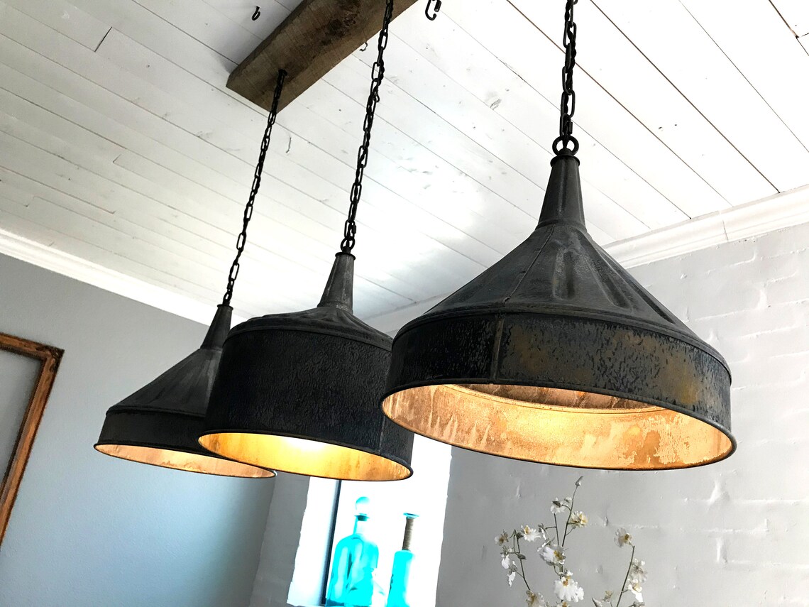 Funnel Lamp 3 Aged Zinc Funnel Chandelier With Flush Mount | Etsy