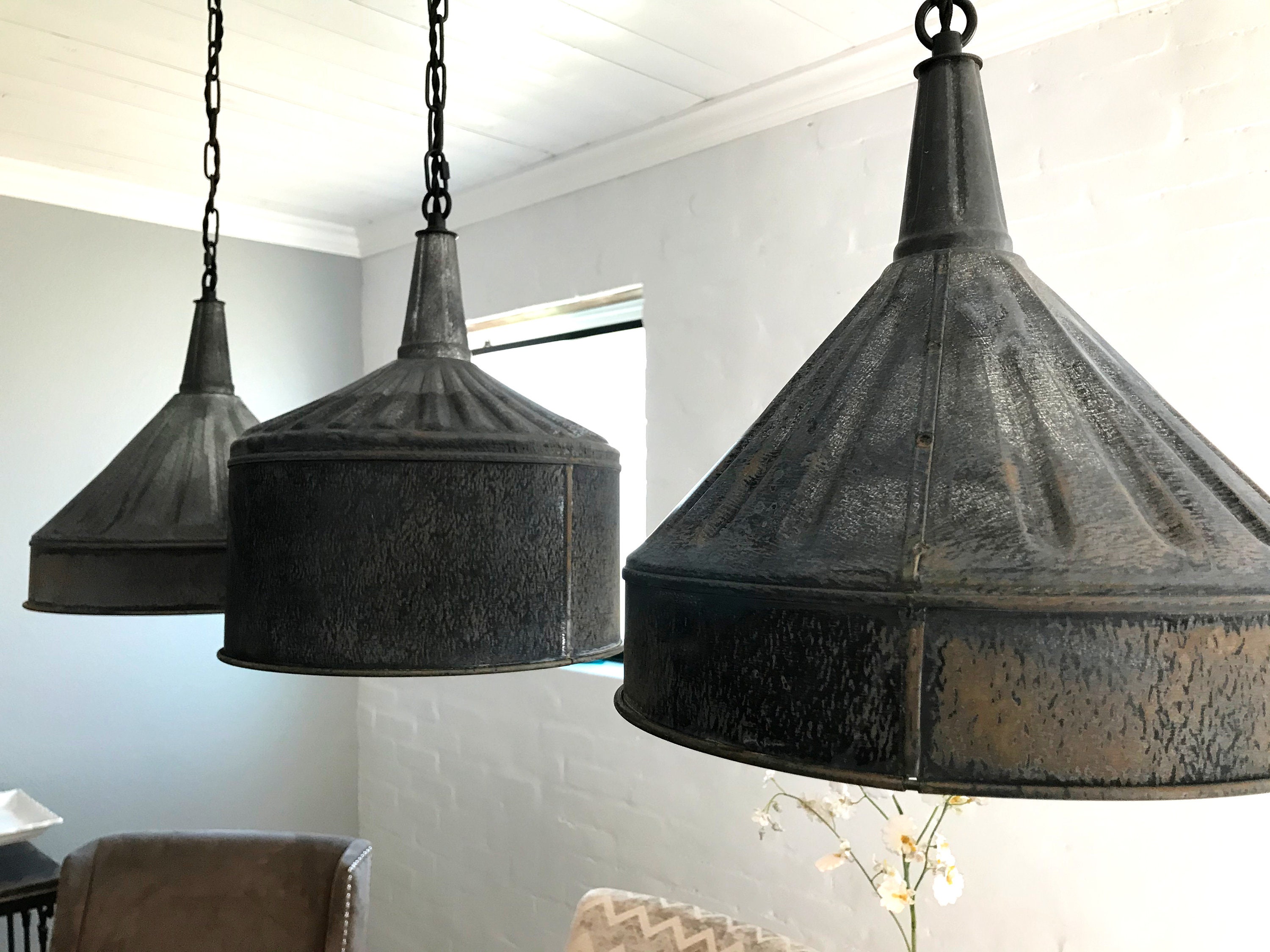 Funnel Lamp 3 Aged Zinc Funnel Chandelier With Flush Mount | Etsy