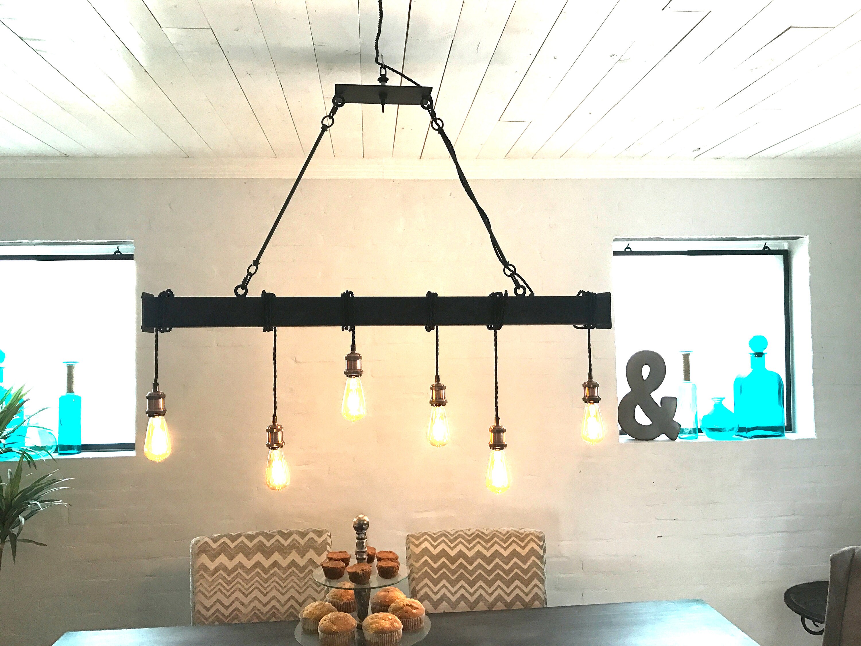 Handcrafted 6 light industrial steel beam with cloth cord wrap | Etsy