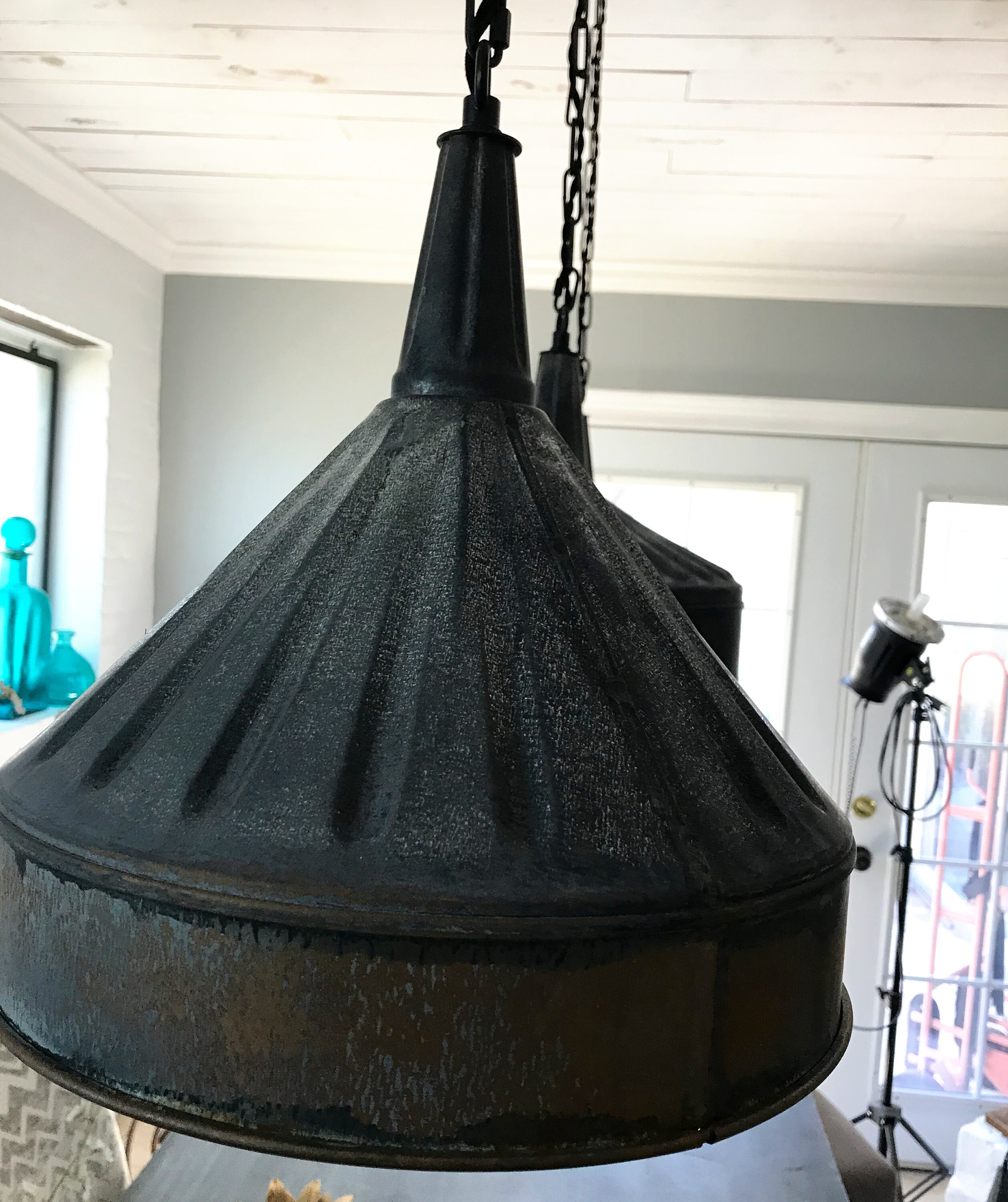 Funnel Lamp 3 Aged Zinc Funnel Chandelier With Flush Mount | Etsy