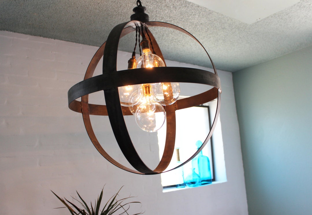 Large Sphere Pendant Light: Steel Ring Chandelier, Aged Zinc or Black ...