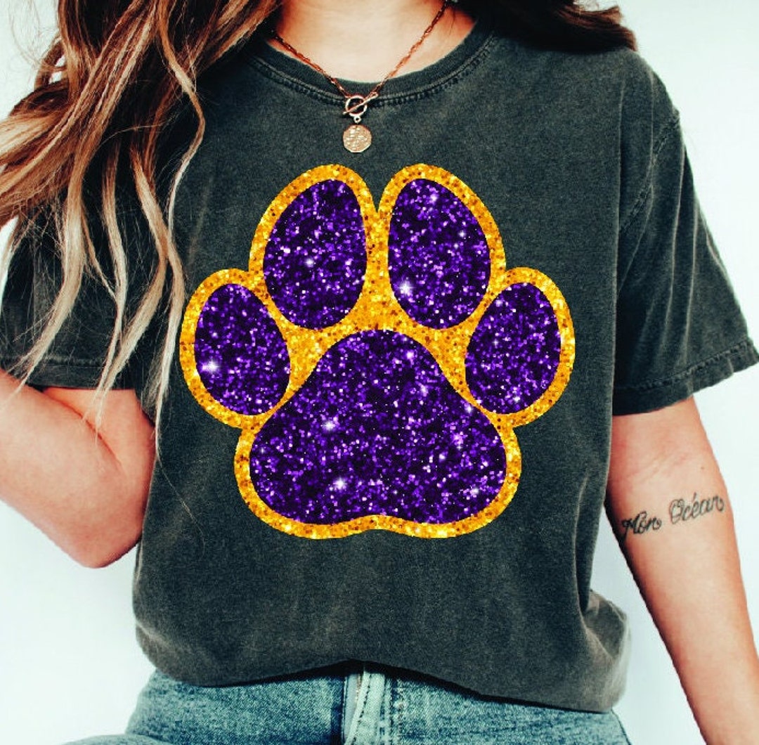 Faux Glitter Purple and Gold Paw, Glitter Look, Comfort Colors Pepper ...