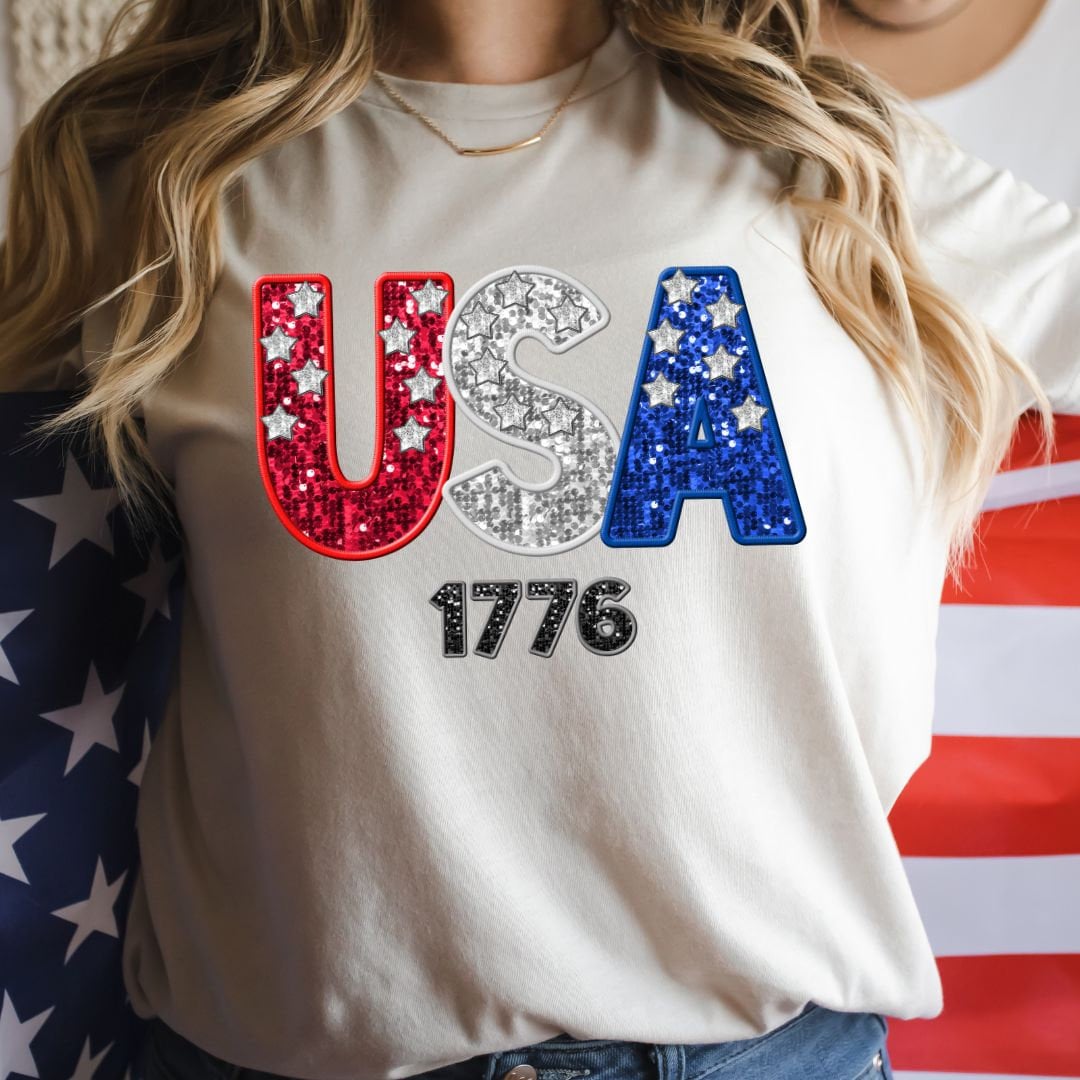 USA 1776 Patriotic Tee, Faux Sequin and Faux Embroidery Design, Unisex ...