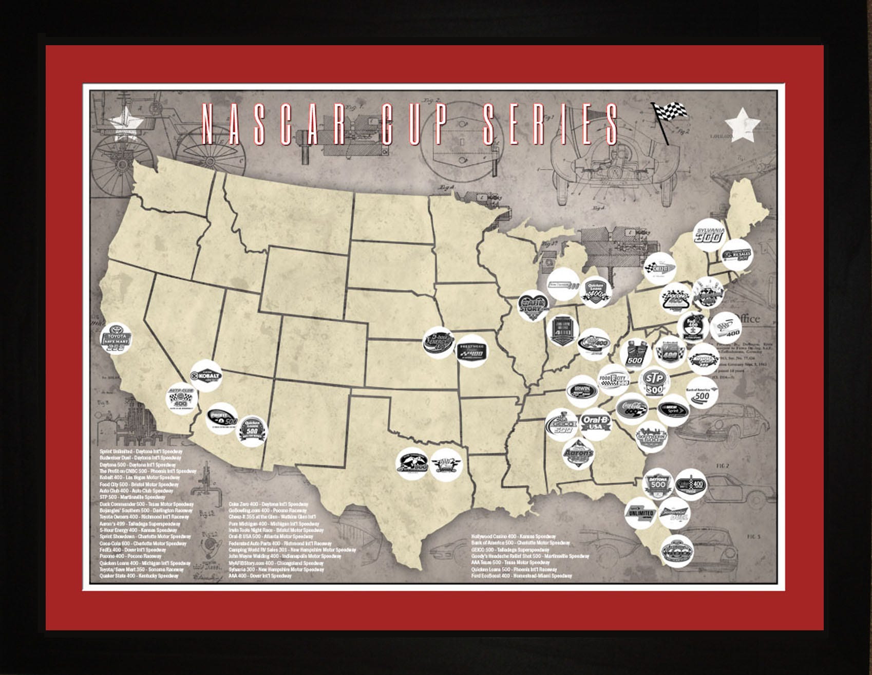 NASCAR Cup Racing Racetracks Races Tracking Map Print Gift