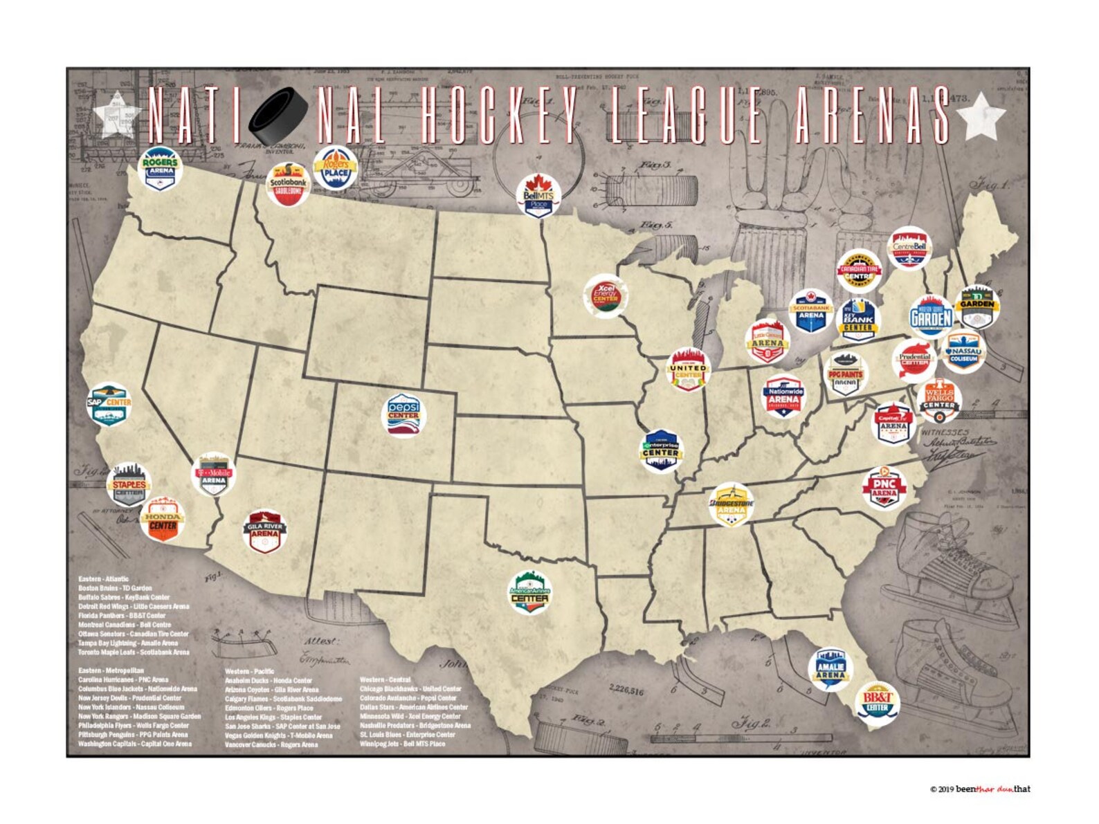 NHL National Hockey League Arenas Pro Teams Location Map | Etsy