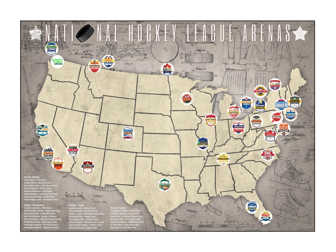 NHL National Hockey League Arenas Pro Teams Location Map | Etsy