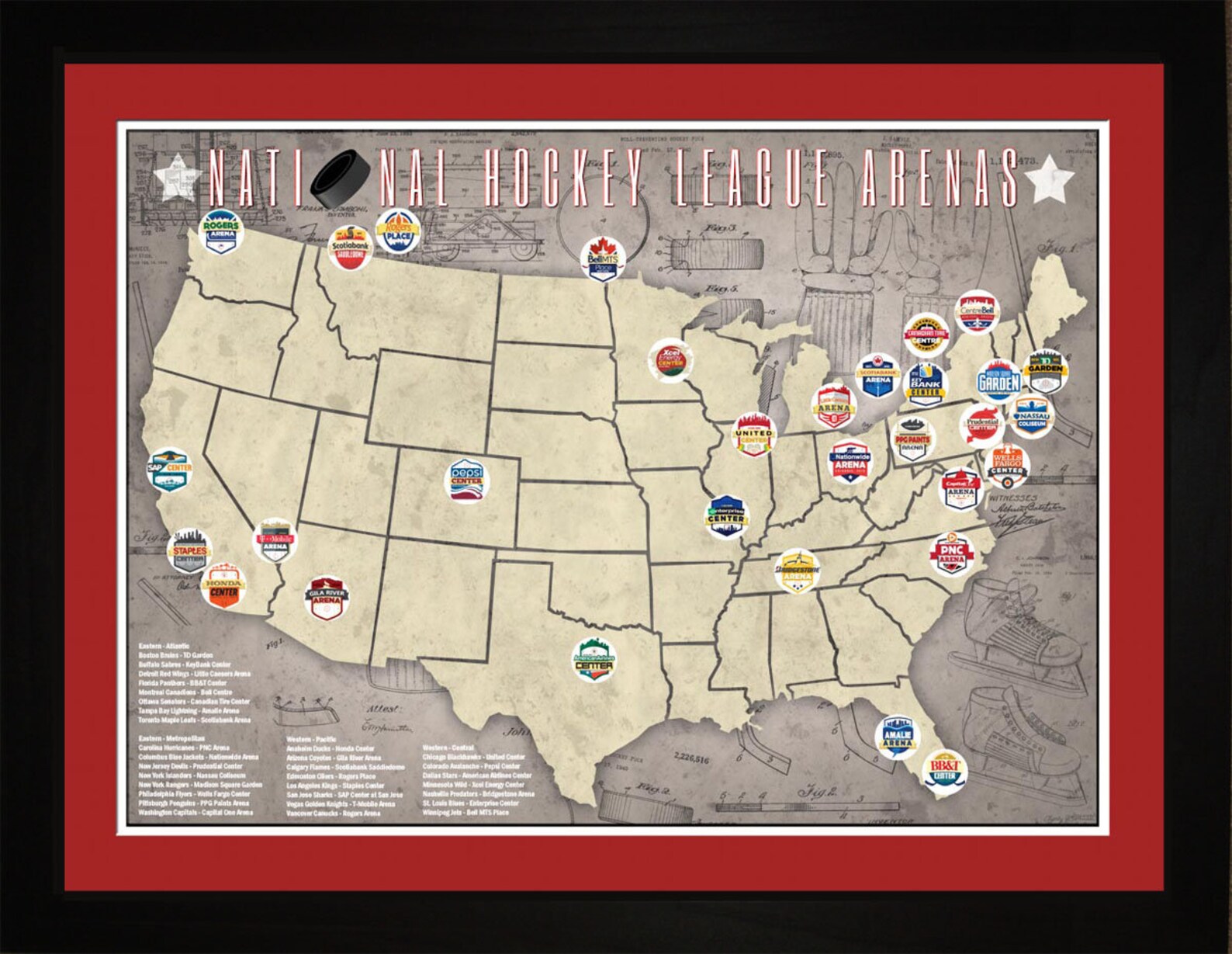NHL National Hockey League Arenas Pro Teams Location Map | Etsy