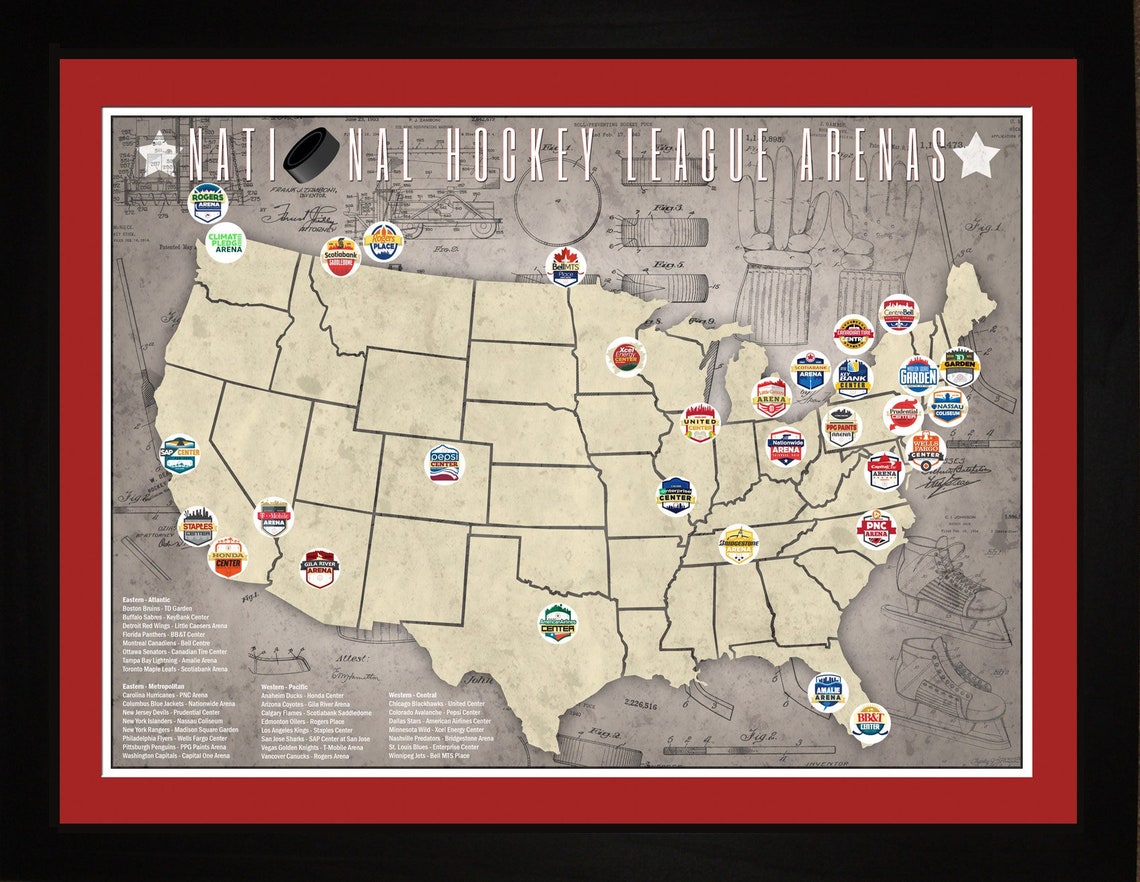 NHL National Hockey League Arenas Pro Teams Location Map | Etsy