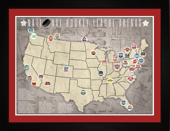 NHL National Hockey League Arenas Pro Teams Location Map - Etsy