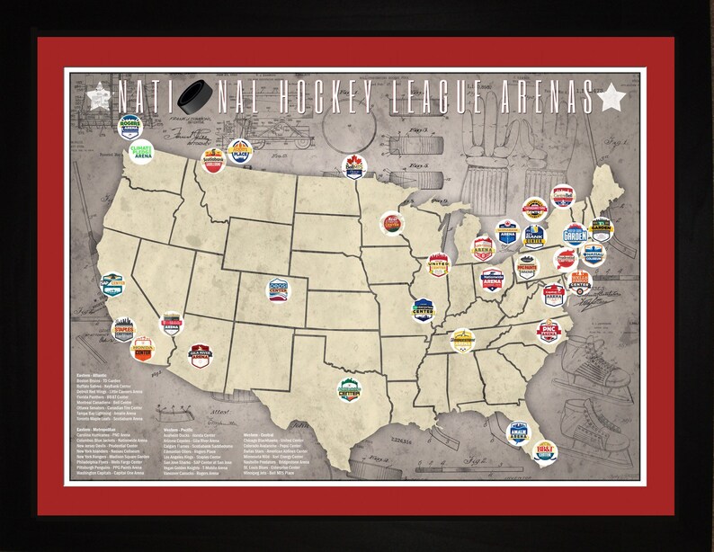 NHL National Hockey League Arenas Pro Teams Location Map | Etsy