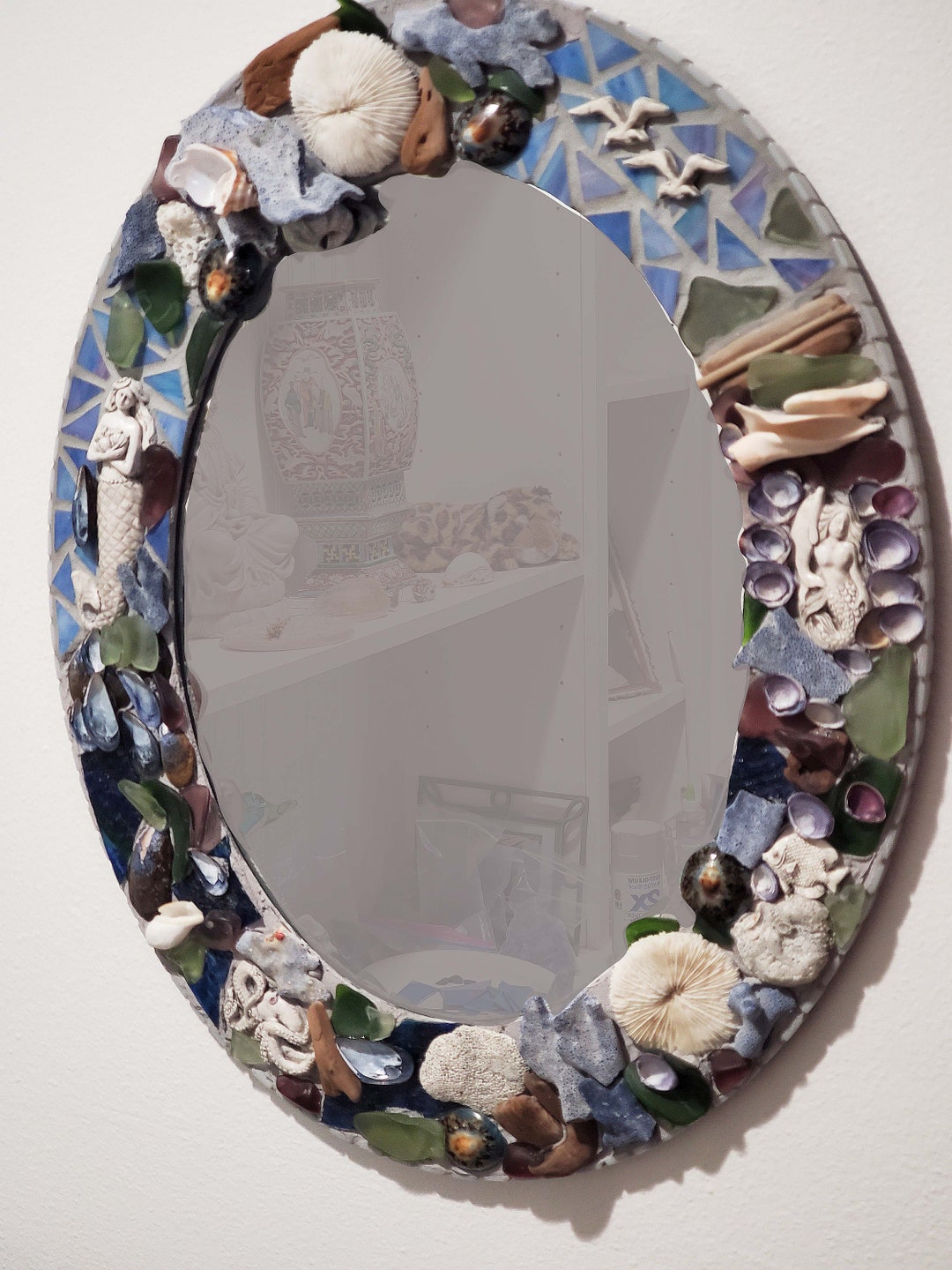 Custom Beautiful Blue Coral and Blue Shell Mosaic Mirror on 19" X 23 ...