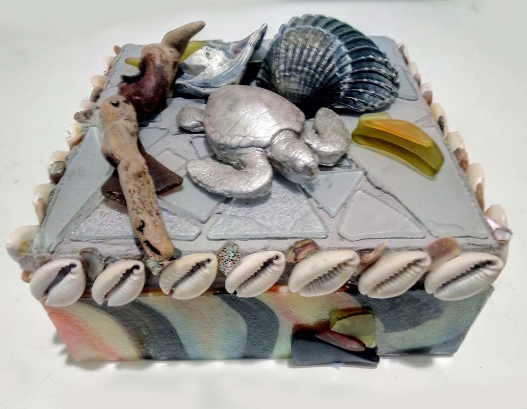 Stained Glass & Shell Mixed-media Mosaic Keepsake Memory or Jewelry Box ...