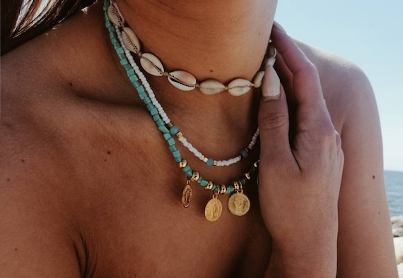Seashell Handmade Bohemian Beaded Statement Choker Summer Necklace Gypsy Beach shell necklace Boho jewelry Hippie necklace Ethnic jewelry