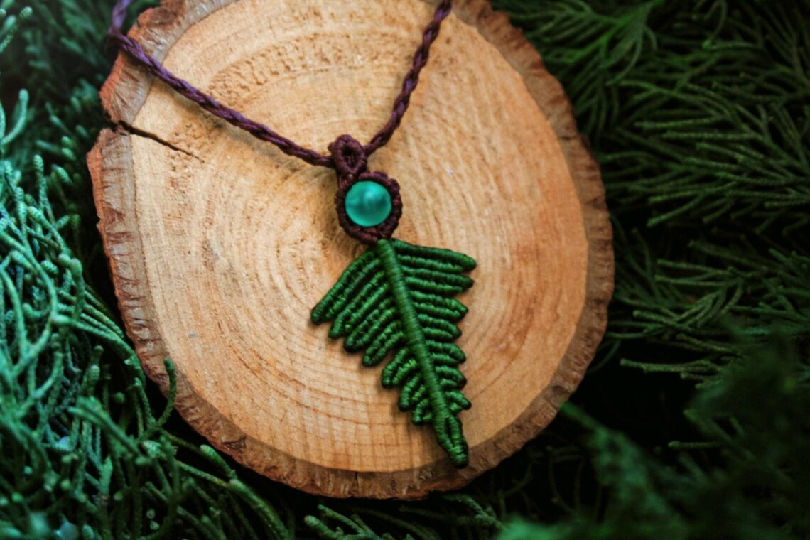 Macrame Fern Leaf Nature Necklace With Bead /unique Bohemian Botanical ...