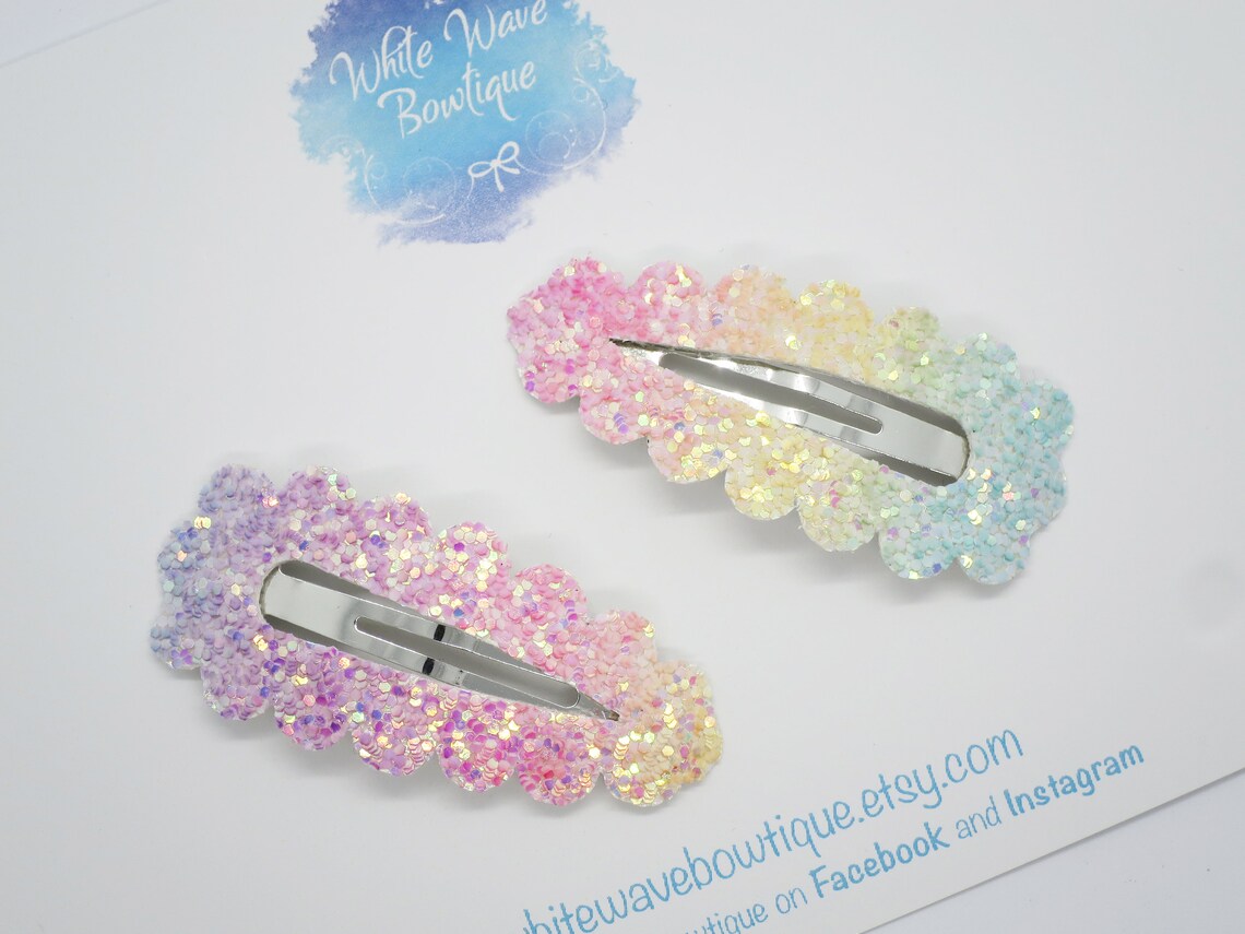 Rainbow Snap Clip Set, Pastel Scallop Glitter Snap Clip, Hair Clip Set ...